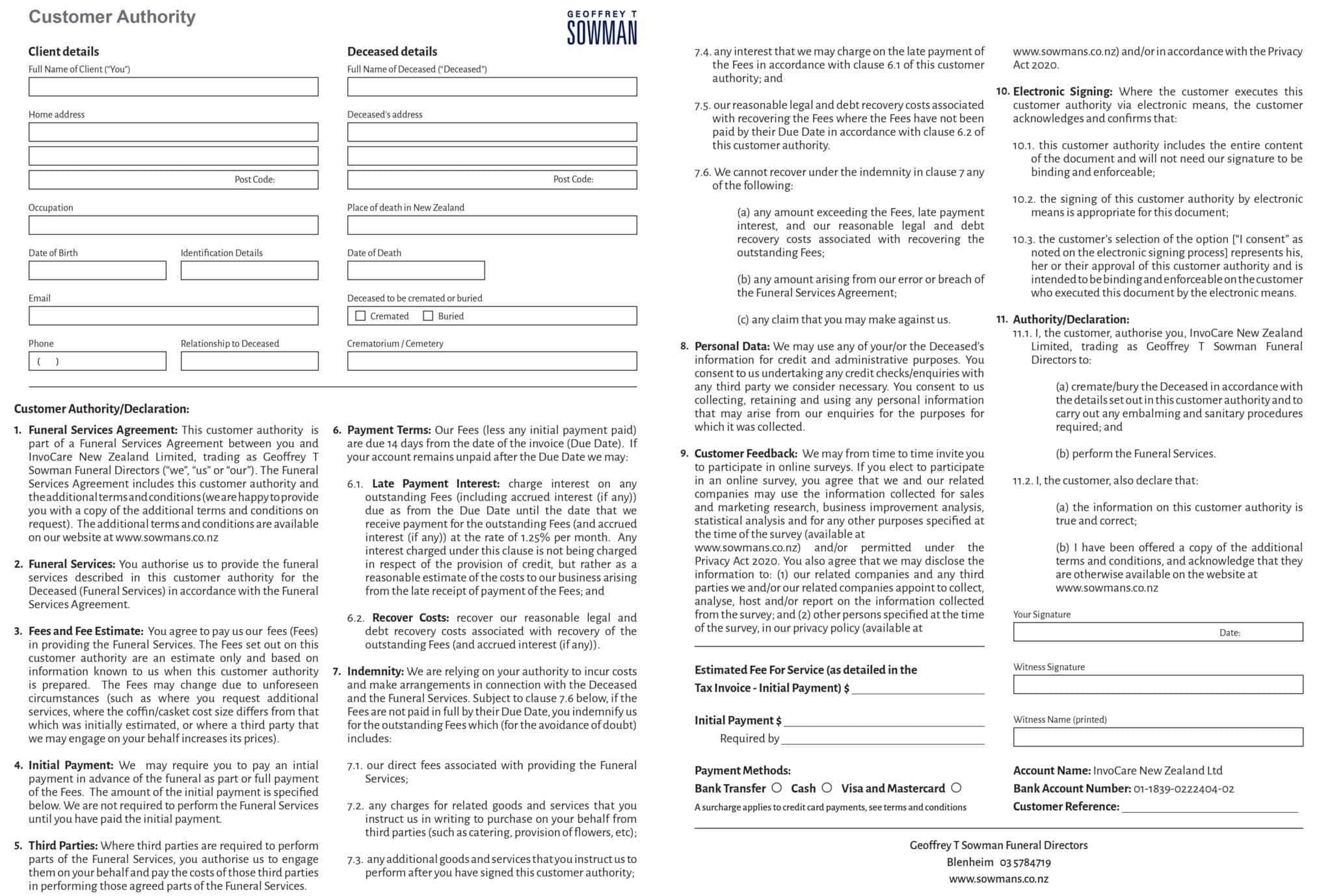 Funeral Services Agreement: Customer Authority - Funeral Directors ...